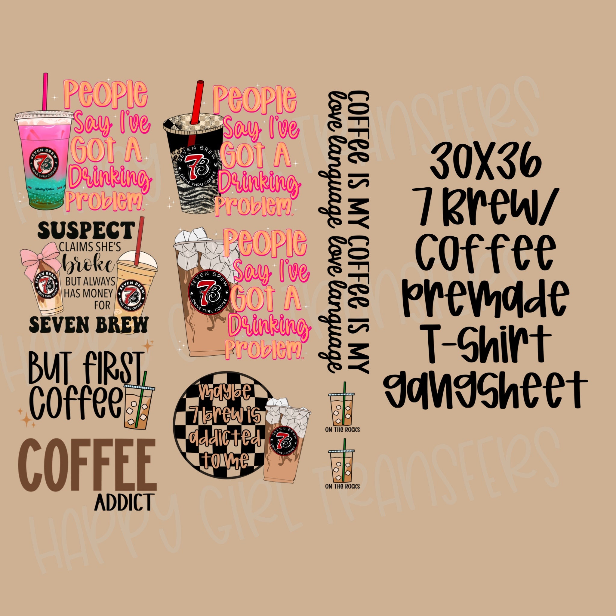 30x36 7 BREW/ COFFEE PRE-MADE GANG SHEET – HAPPY GIRL TRANSFERS