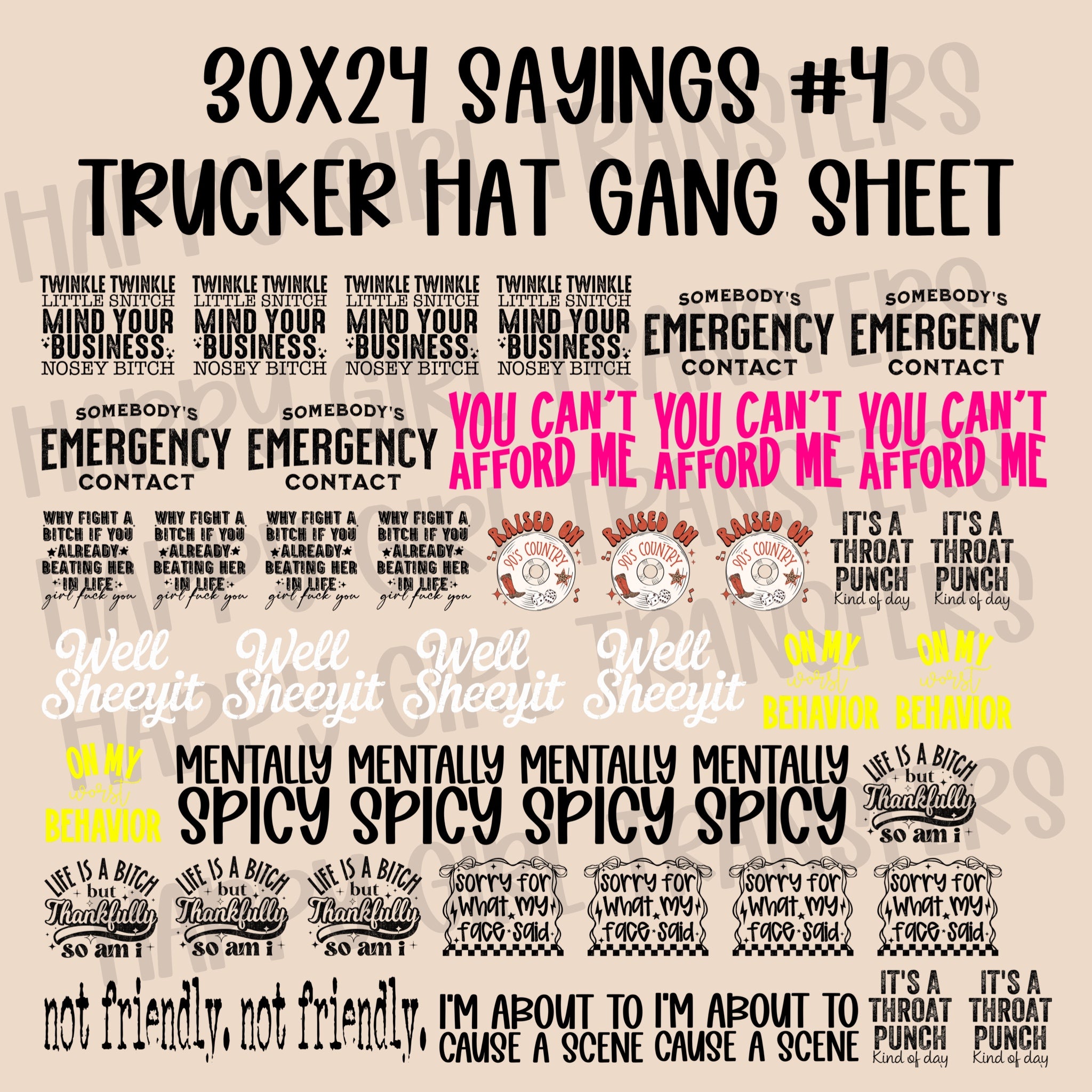 30x24 SAYINGS #4 PRE-MADE TRUCKER HAT GANG SHEET – HAPPY GIRL TRANSFERS